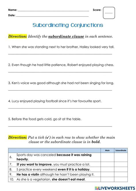 Subordinating COnjunctions Interactive Worksheet For Grade 5 Worksheets Library