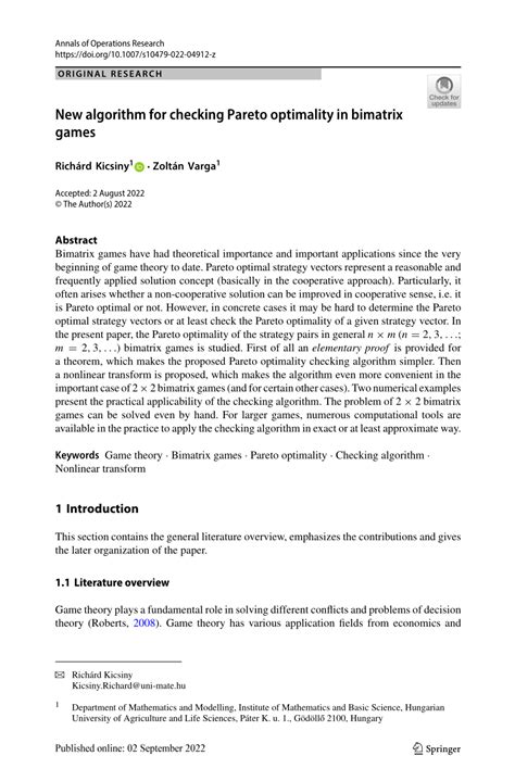 Pdf New Algorithm For Checking Pareto Optimality In Bimatrix Games