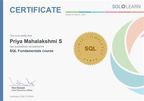 Priya Mahalakshmi On Linkedin Completed Sql Fundamentals In Sololearn