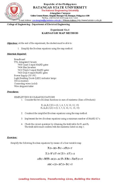 Lab Experiment 4 Logic Circuits Experiments Republic Of The Philippines BATANGAS STATE Studocu