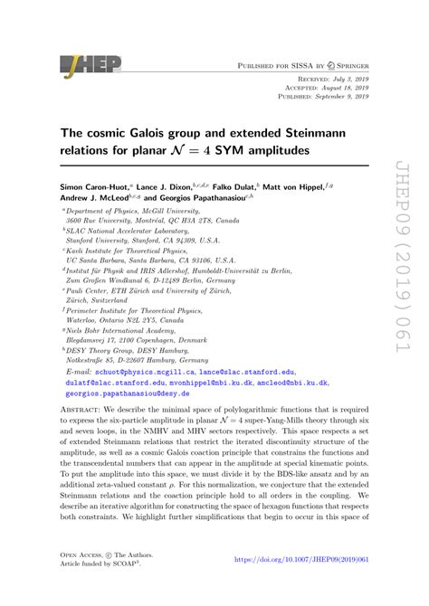 Pdf The Cosmic Galois Group And Extended Steinmann Relations For Planar N Mathcal N