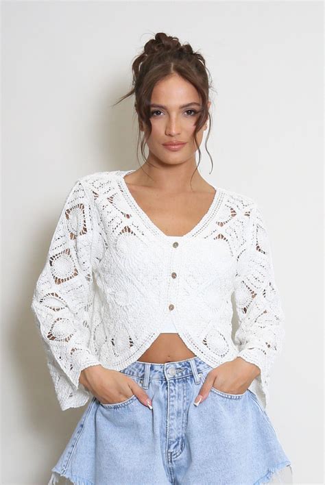 Crochet Cropped Cardigan White Cherryretro