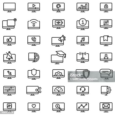 컴퓨터 아이콘 팩 Pc 아이콘입니다 종이 작업 아이콘입니다 가는 선 아이콘을 설정합니다 플랫 아이콘 컬렉션 집합입니다 간단한 벡터 아이콘 Lcd에 대한 스톡 벡터 아트 및