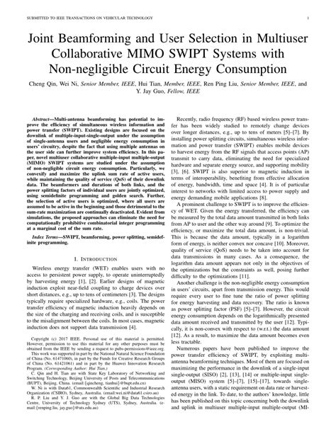 pdf joint beamforming and user selection in multiuser collaborative mimo swipt systems with