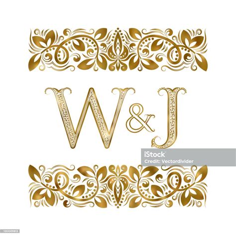 W 와 J 빈티지 이티즈 기호 문자는 장식 요소로 둘러싸여 있습니다 결혼식 또는 비즈니스 파트너 로얄 스타일의 모노그램 빅토리아 스타일에 대한 스톡 벡터 아트 및 기타