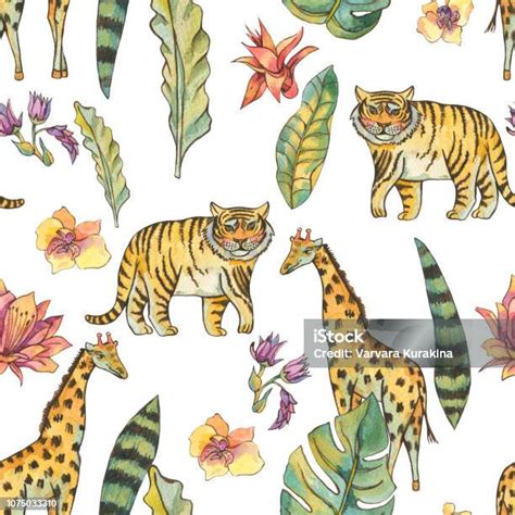 난초 몬스 테라 팜 리아 나 호랑이 기린의 꽃으로 수채화 원활한 패턴 0명에 대한 스톡 벡터 아트 및 기타 이미지 0명