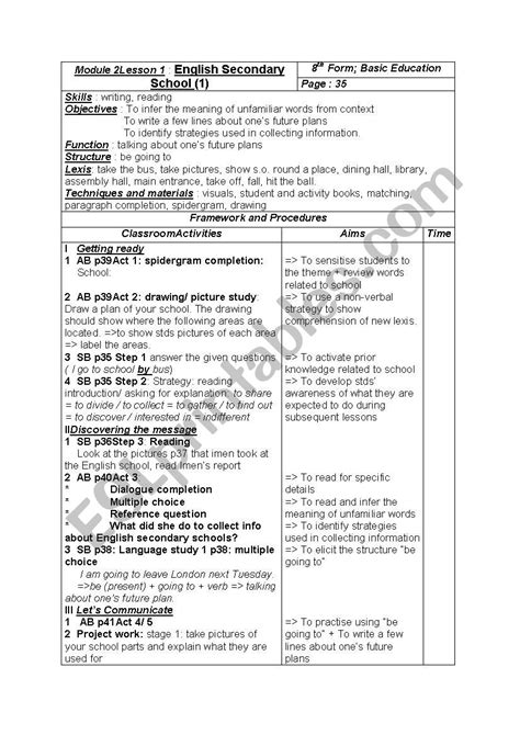 English Secondary Schools 2 Lesson Plan Esl Worksheet Lesson Plans Learning