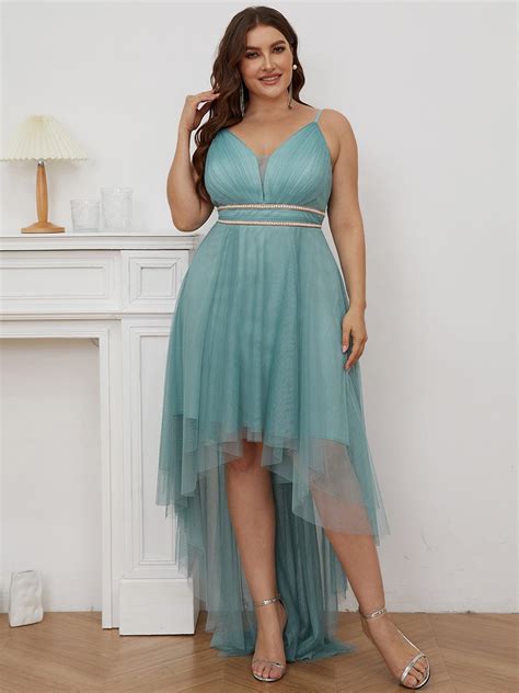 Plus Size Stylish High Low Tulle Prom Dress With Beaded Beltfinal Sal