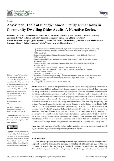 Pdf Assessment Tools Of Biopsychosocial Frailty Dimensions In Community Dwelling Older Adults