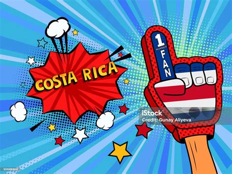 남성 스포츠 팬 제기 코스타리카 국가 깃발의 승리를 축 하 하는 장갑에 손을 별과 구름과 코스타리카 연설 거품이 있다입니다 벡터