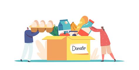 사회 복지 자원 봉사 및 자선 개념을 지원합니다 골판지 기부 상자를 음식으로 채우는 작은 캐릭터 자선기부에 대한 스톡 벡터 아트