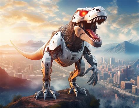 A Roaring Robotic Tyrannosaurus Rex With Red Glowing Eyes Over A City Stock Illustration