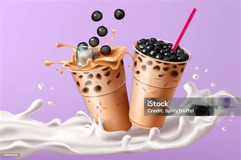 버블티 보바 진주와 우유 움직임 타피오카 아시아 맛있는 음료 흐르는 얼음 조각 플라스틱 용기에 담긴 차가운 여름 음료 사실적인 요소 벡터 광고 일러스트 레이 션 3차원