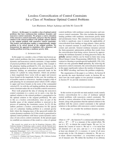 pdf lossless convexification of control constraints for a class of