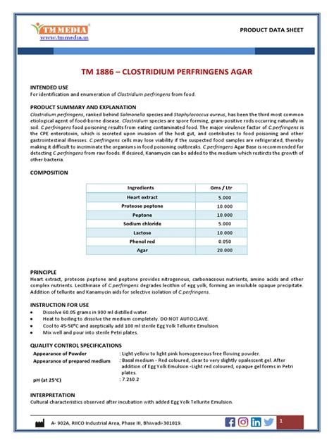Identification And Enumeration Of Clostridium Perfringens From Food Product Data Sheet For