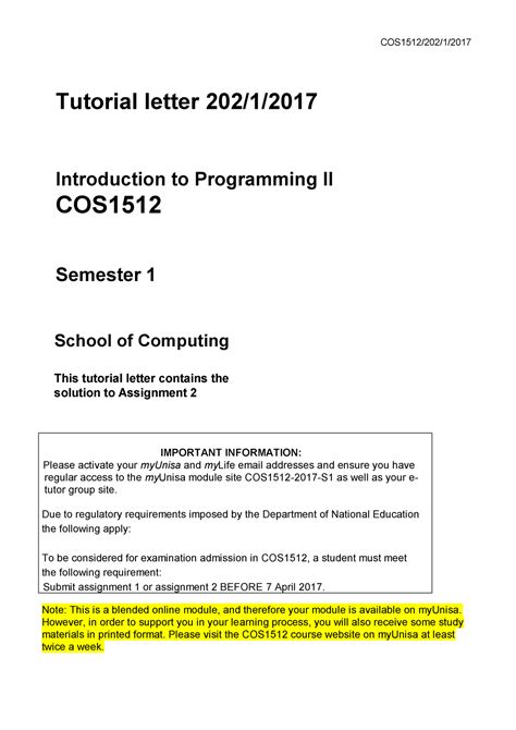 Assignment 2 Solutions Semester 1 2016 Cos151220212017 Tutorial Letter 20212017