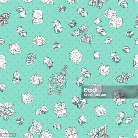 원활한 패턴 빈티지 손으로 그린 스케치 디자인 바 레스토랑 카페 메뉴 배경 전단지 배너 포스터를위한 얼음과 민트 크리에이티브 템플릿그래픽 벡터 아트 Iwhiskey 개체