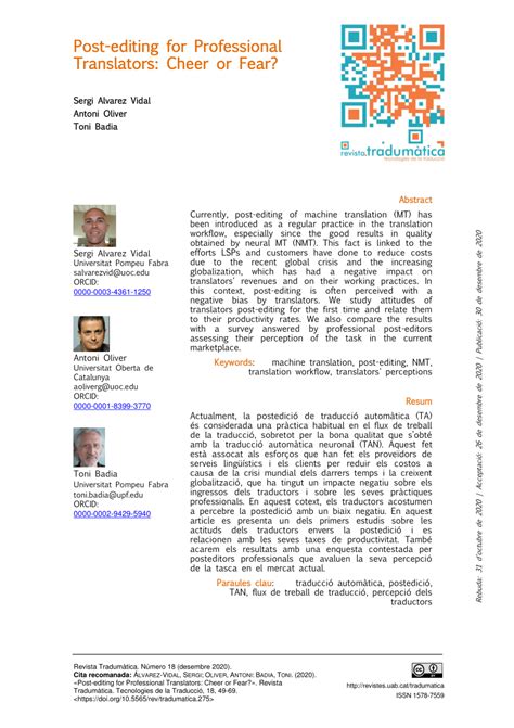 Pdf Post Editing For Professional Translators Cheer Or Fear