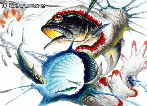 물고기 와목장갑으로 기초디자인 물고기와 목장갑으로 공간감 생동감을~ 물고기 그림