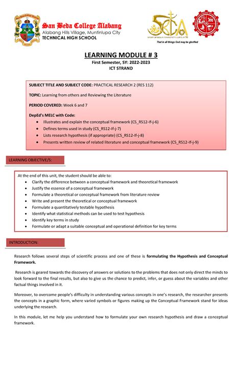 Hypotheses And Conceptual Framework Module San Beda College Alabang