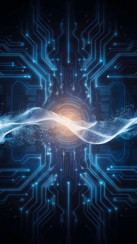 Futuristic Blue Digital Backdrop With Circuitry Patterns And Luminous Wave Stock Illustration