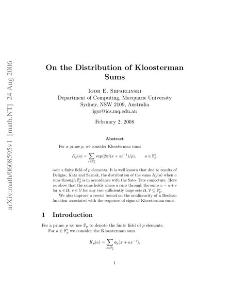 Pdf On The Distribution Of Kloosterman Sums