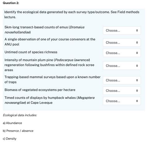 Solved Identify The Ecological Data Generated By Each Survey Chegg