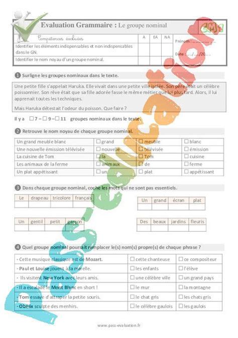 Le groupe nominal au CM Evaluation QCM Quiz PDF à imprimer par Pass education fr