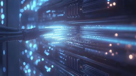 Engineers Installing Fiber Optic Cables In A High Tech Data Center