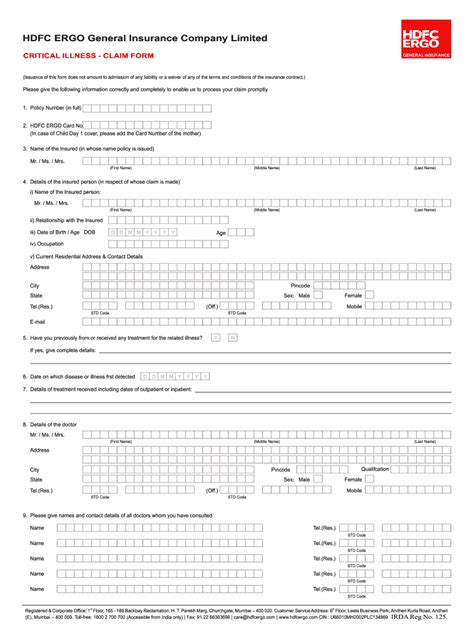 Fillable Online Critical Illness Claim Form Hdfc Ergo Fax Email Print Pdffiller