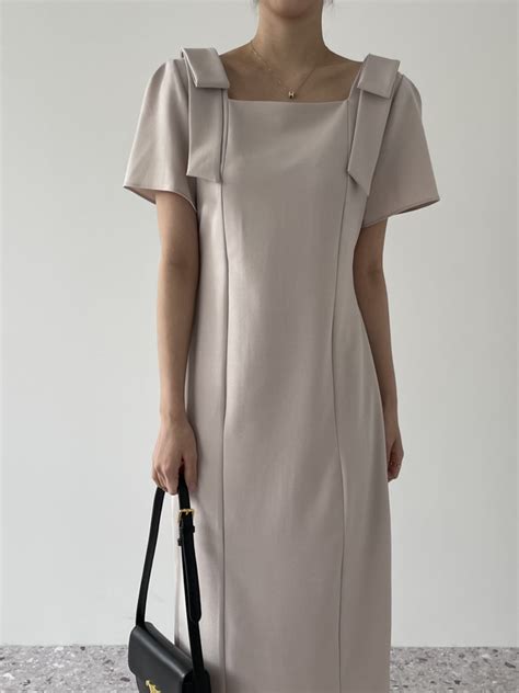 머스크 어깨리본 퍼프 반팔 H라인 롱원피스 결혼식 하객원피스