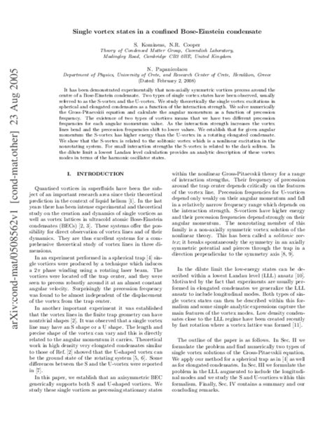 Pdf Single Vortex States In A Confined Bose Einstein Condensate