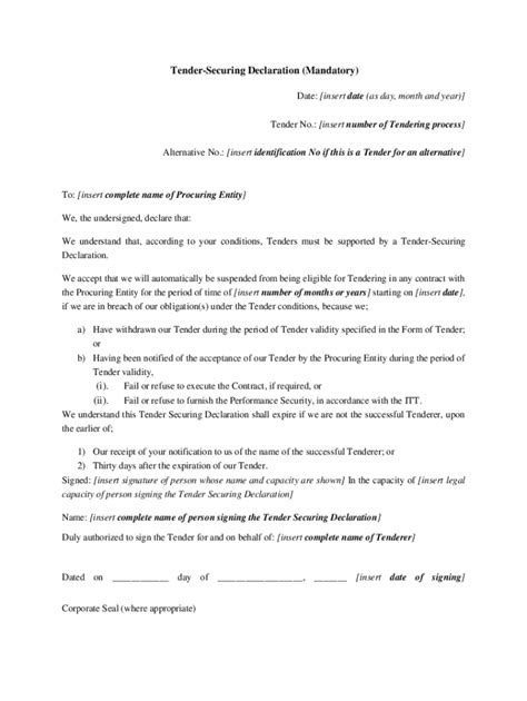 Fillable Online Form Of Tender Securing Declaration Fax Email Print