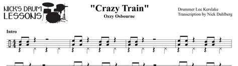 “crazy Train” Ozzy Osbourne Drum Sheet Music Nicks Drum Lessons