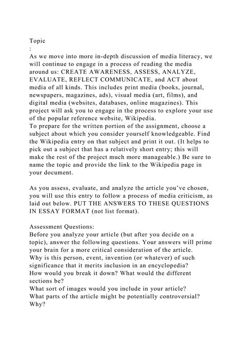 Topicas We Move Into More In Depth Discussion Of Media Literacy Docx Educational Assessment