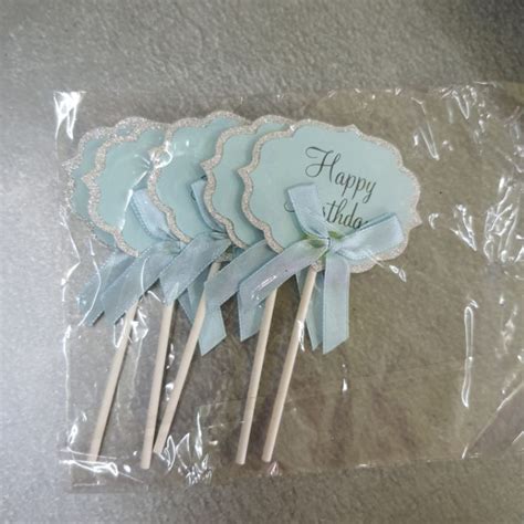 ป้ายปักเค้ก Happy Birthday กระดาษพื้นสีฟ้าชุด5ชิ้น Shopee Thailand