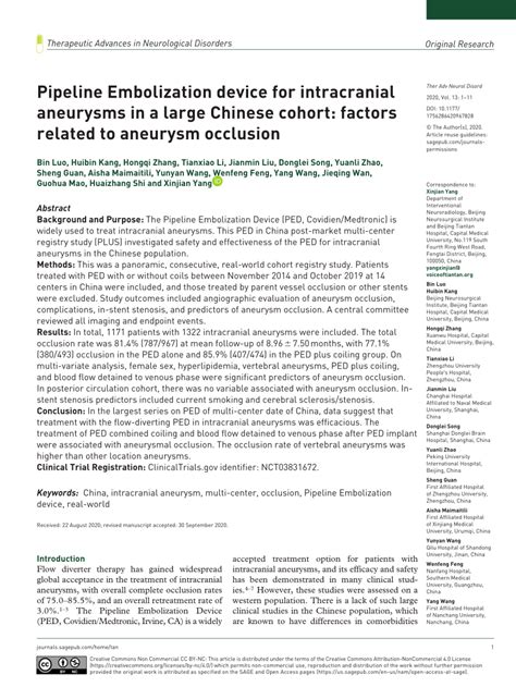 Pdf Pipeline Embolization Device For Intracranial Aneurysms In A Large Chinese Cohort Factors