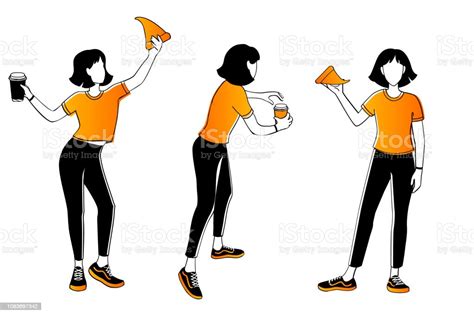 아름 다운 평면 여자 커피와 함께 피자를 먹는입니다 격리 된 평면 벡터 일러스트 레이 션 세트 디자인에 대한 스톡 벡터 아트 및 기타 이미지 Istock