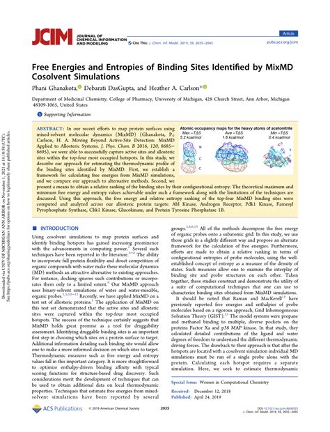 Pdf Free Energies And Entropies Of Binding Sites Identified By Mixmd
