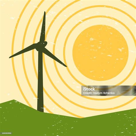벡터 일러스트 레이 션 미드 센추리 모던 그래픽 70년대 복고풍 펑키 스타일 풍력 에너지 개념 풍차 풍경 그런 지 질감의 일몰 장면 신재생에너지 친환경 기술 0명에 대한