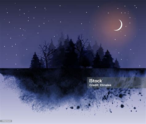 별과 초승달 어두운 야생 숲과 밤 하늘 배경입니다 전통적인 동양 수묵화 스미에 우신 고화 숲에 대한 스톡 벡터 아트 및 기타 이미지 Istock