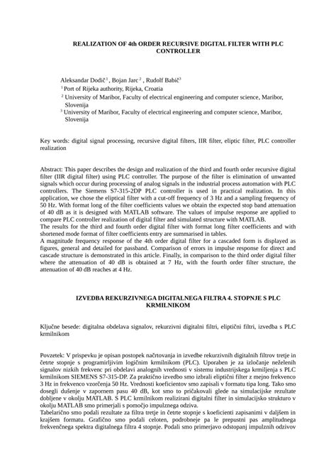 Pdf Iir Digital Filter Implementation With Plc Controler