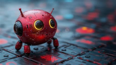 Cute China Red Ai Robot With Glowing Eyes Stands On Futuristic Digital Surface Stock