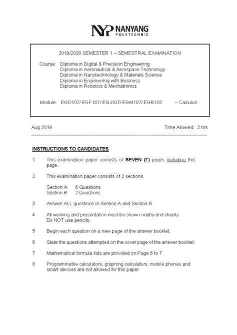 Calculus Exam AY2019 S1 Aug 2019 Time Allowed 2 Hrs INSTRUCTIONS TO CANDIDATES 1 This
