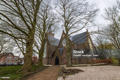 뿌리가 보이는 키 크고 벌거 벗은 나무로 둘러싸인 유서 깊은 벽돌 교회입니다 고딕 양식의 건축물은 흐린 하늘을 배경으로 강조되어 고요한 분위기를 자아냅니다 암스테르담 근처의