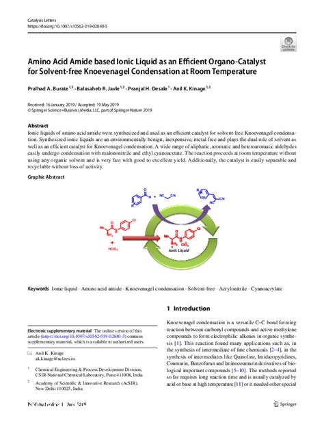 Pdf Amino Acid Amide Based Ionic Liquid As An Efficient Organo Catalyst For Solvent Free