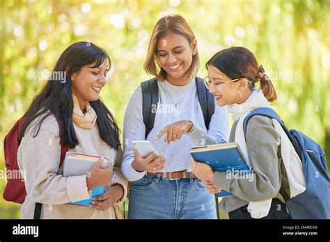 College Happy And Babe Friends With Phone For Gen Z Meme App Or