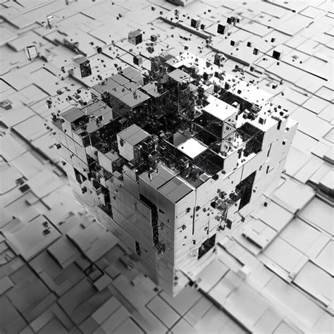 metallic cube with exploding particles on a white geometric background