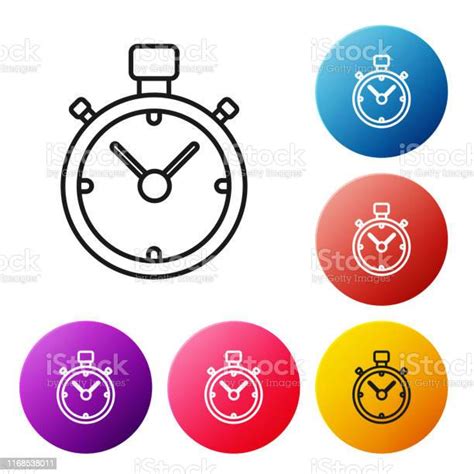 흰색 배경에 격리 된 검은 색 라인 스톱워치 아이콘입니다 시간 타이머 기호입니다 크로노미터 기호 아이콘 다채로운 원 버튼을 설정합니다 벡터 일러스트레이션 0명에 대한 스톡