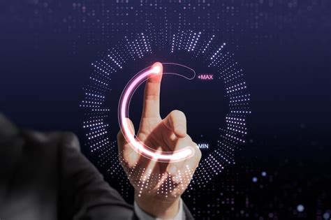 Premium Photo Close Up Of Businessman Hand Pointing At Abstract Glowing Max And Min Scale